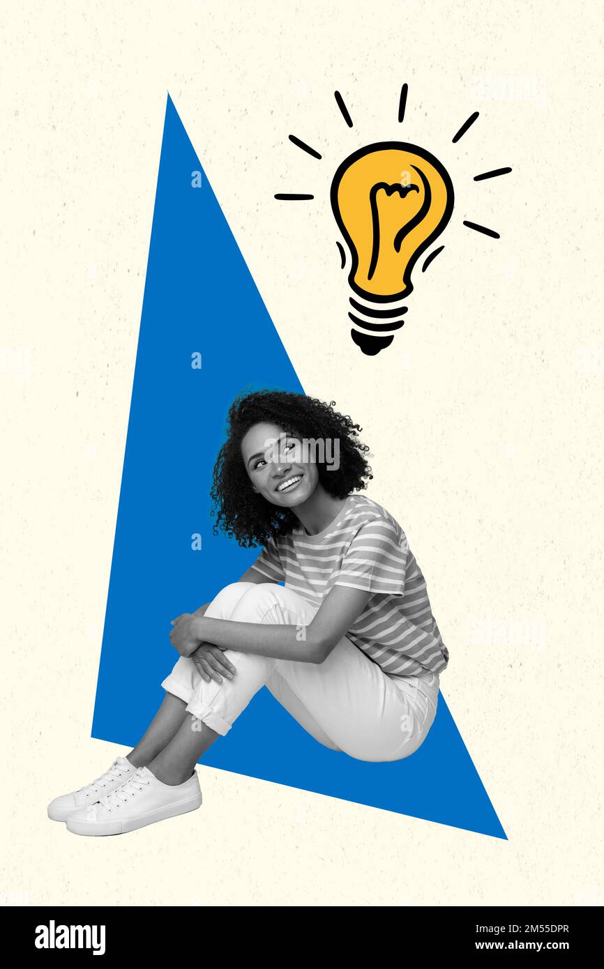 Vertical creative photo collage of young minded young girl sitting ...