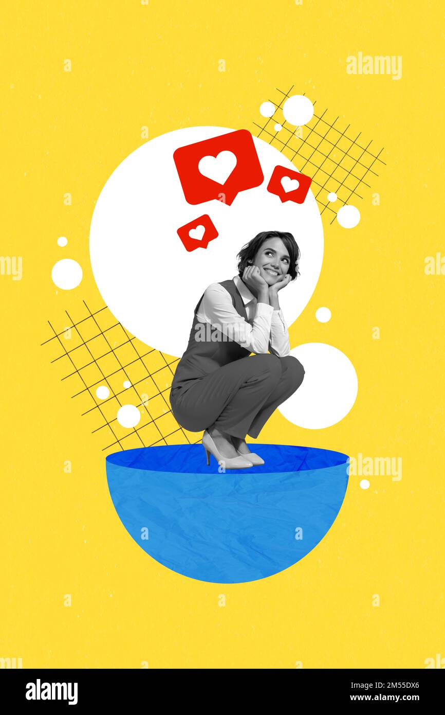 3d retro creative collage artwork template of dreamy smiling lady ...