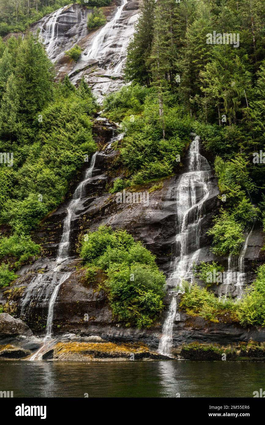 A gorgeous view of waterfalls flowing down rocks surrounded by lush ...