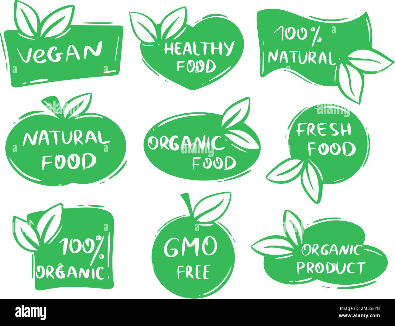 Organic labels hand drawn set. Stickers biological healthy products ...