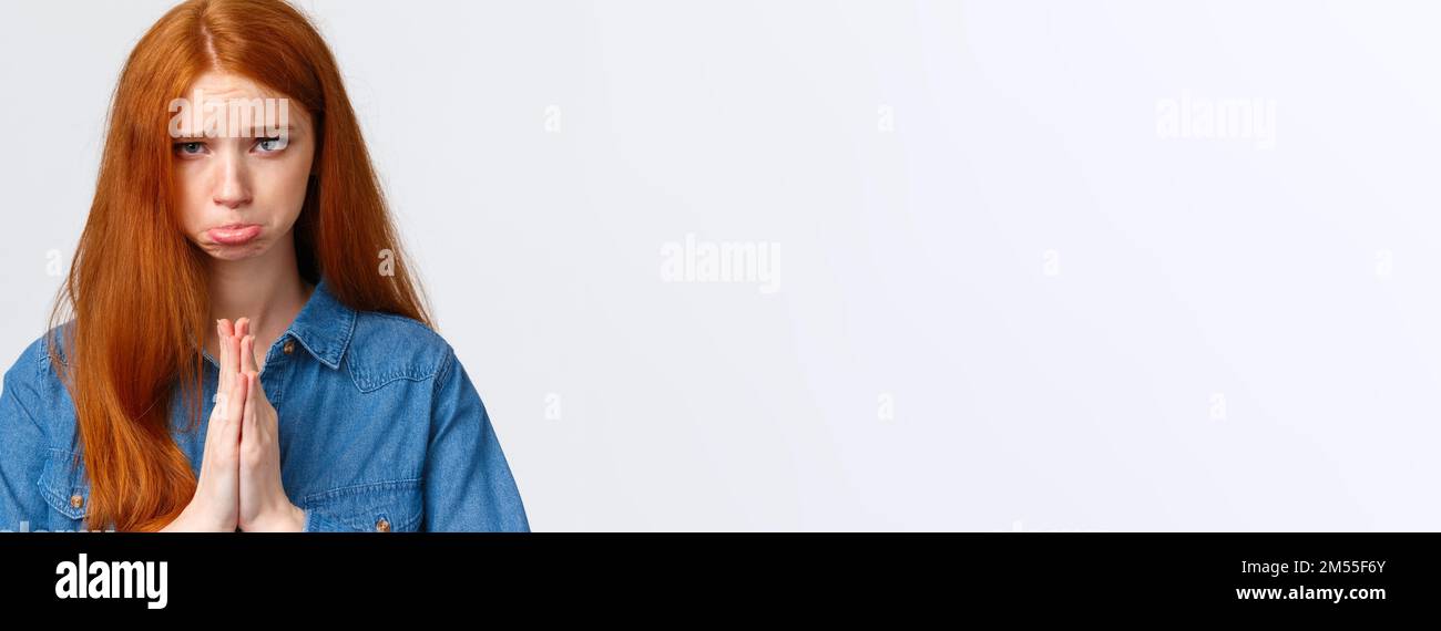 Pretty please. Close-up portrait sad, sulking cute redhead girl feeling ...