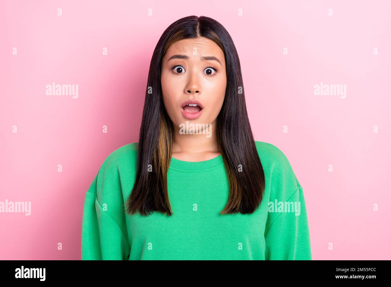 Portrait photo of young nervous funny japanese girl scared unexpected ...
