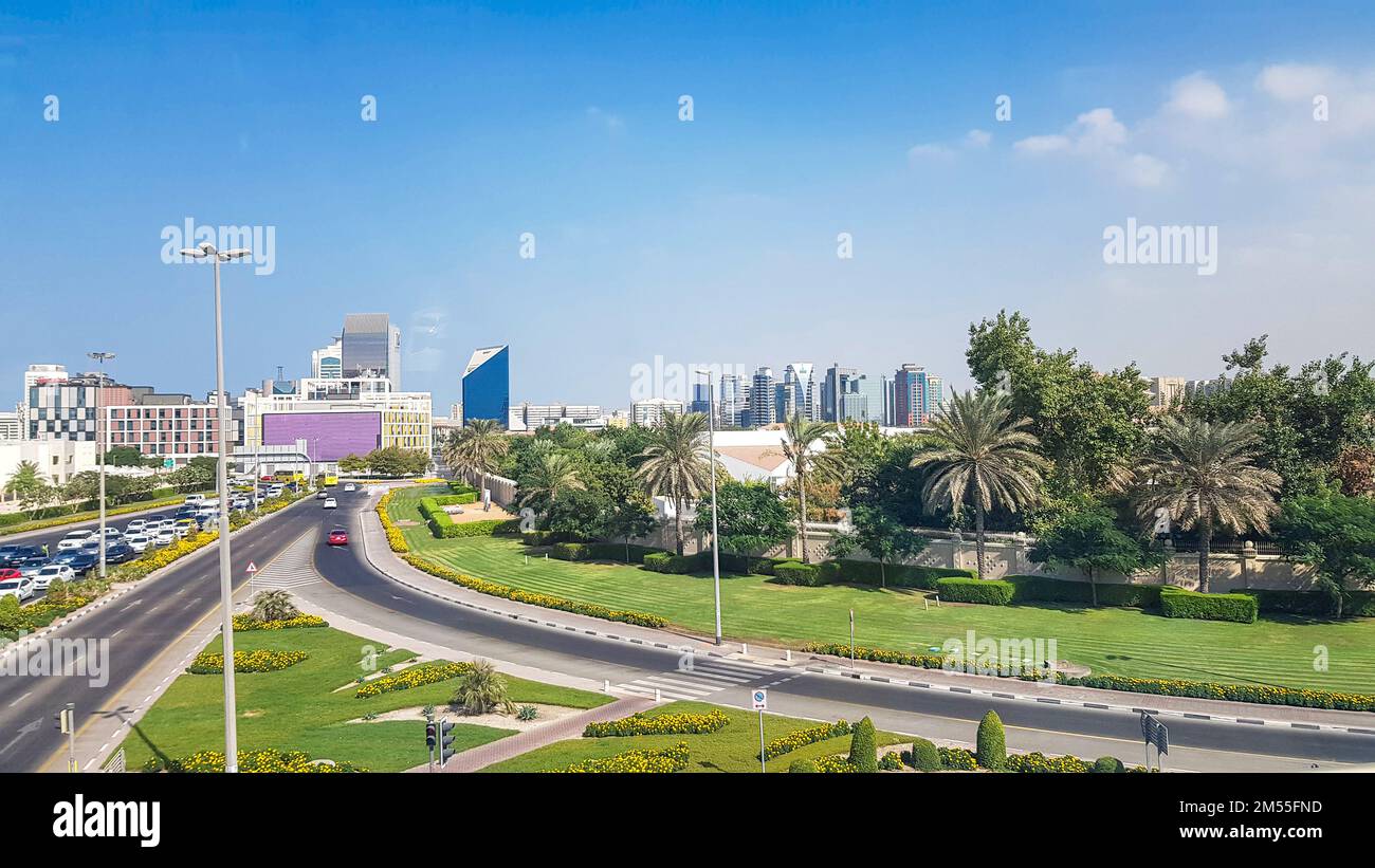 Panoramic view of Dubai City with skyscrapers, avenues and parks with ...
