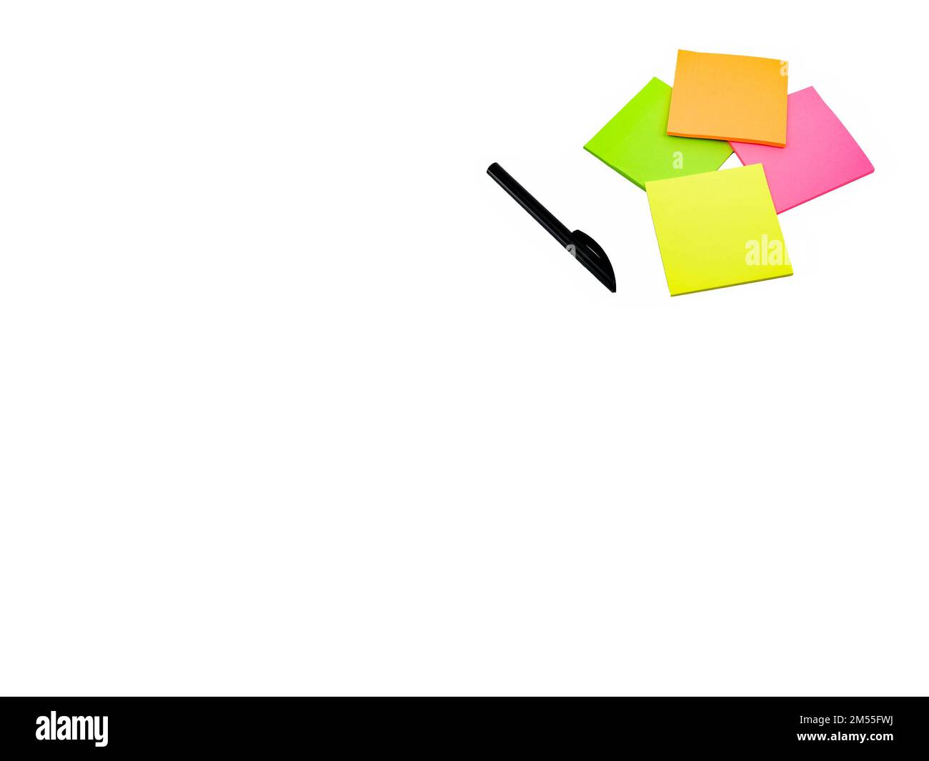 Black pen and sticky note sheets in dayglo colours on a plain white ...
