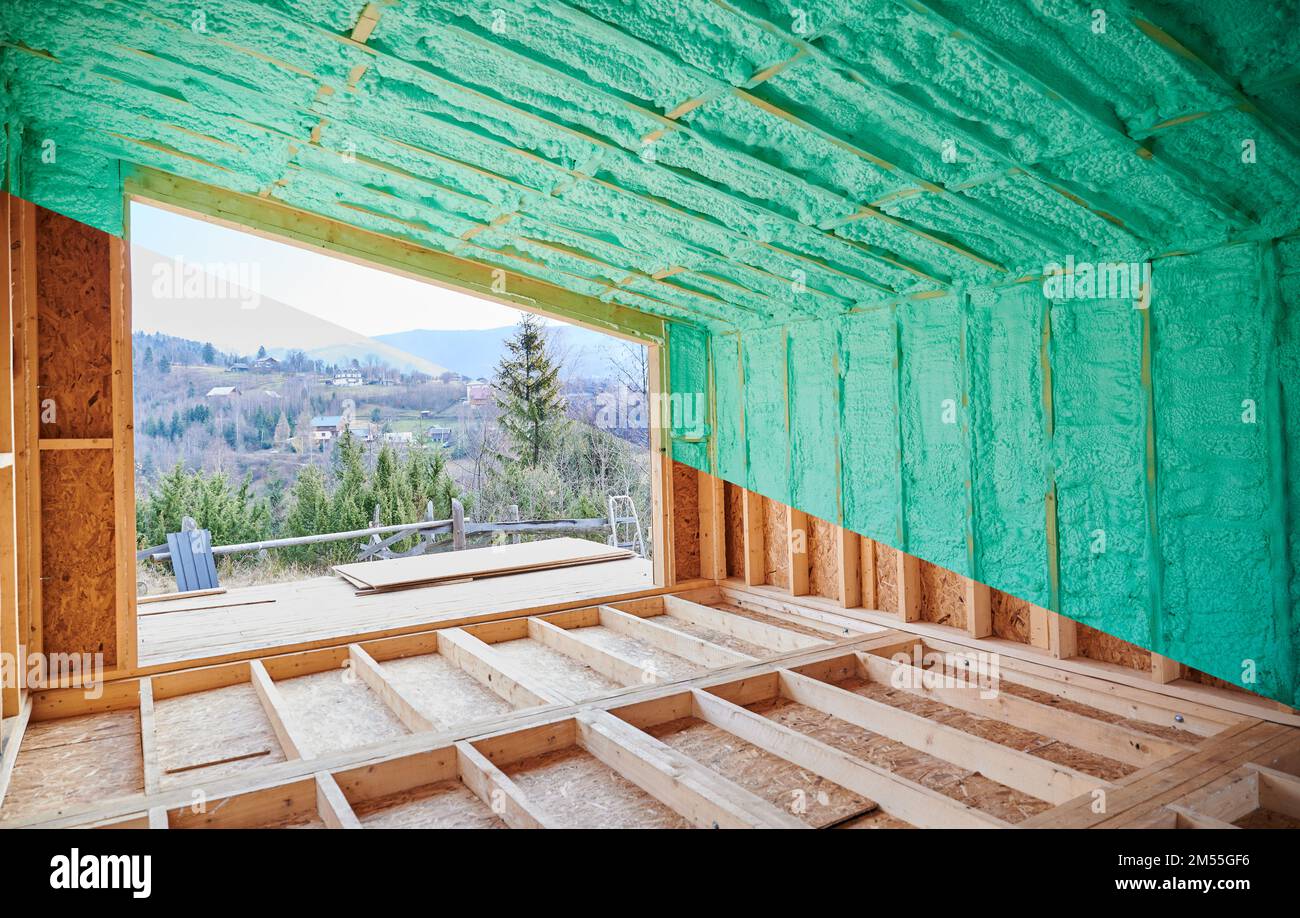 Photo collage before and after thermal insulation room in wooden frame ...