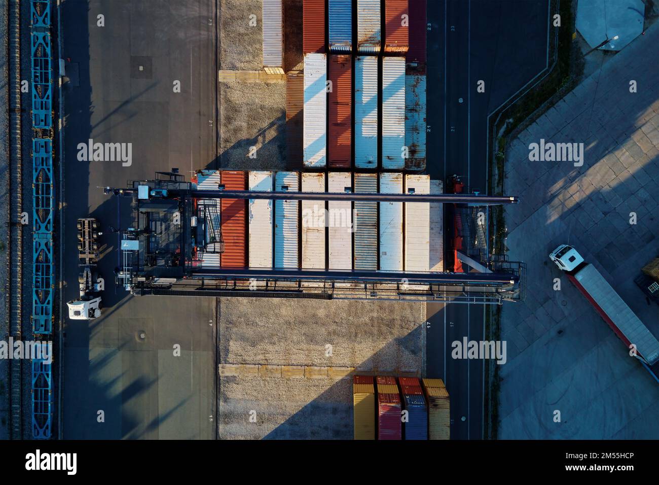 Shipping container site in warehouse storage factory, aerial view ...