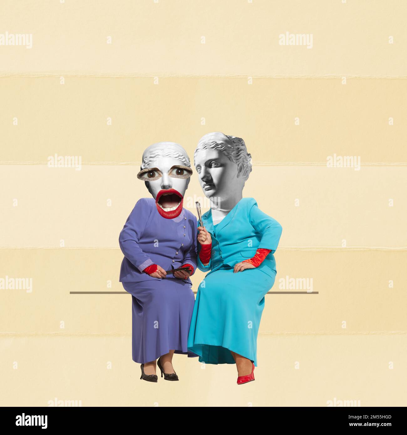 Contemporary art collage. Women in retro clothes with antique statue ...