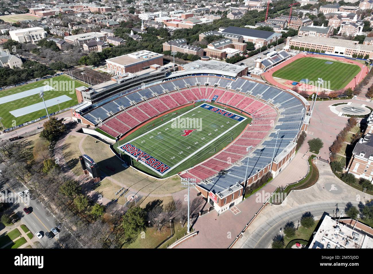 A general overall aerial view of Gerald J. Ford Stadium (left) and the ...