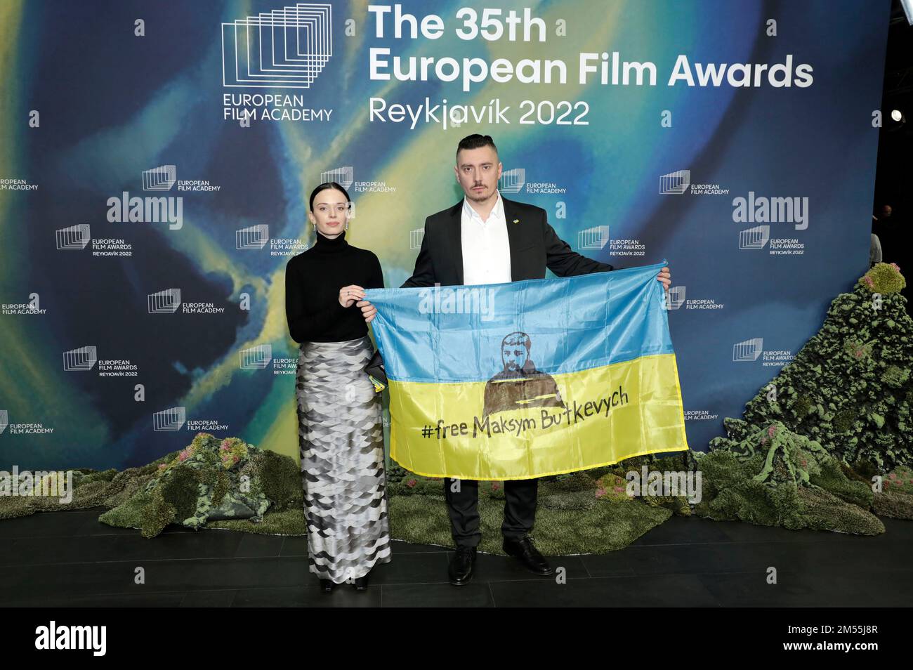 Oleksandra Sorokhan and Dmytro Sukholytkyy-Sobchuk attending the 35th European Film Awards 2022 ...