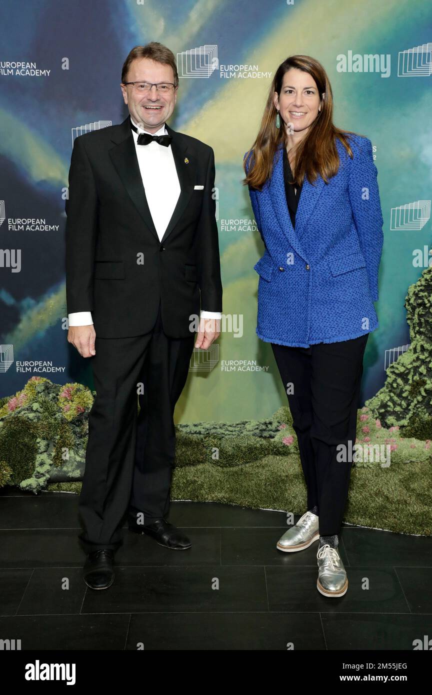 Hannes Heide and guest attending the 35th European Film Awards 2022 at ...
