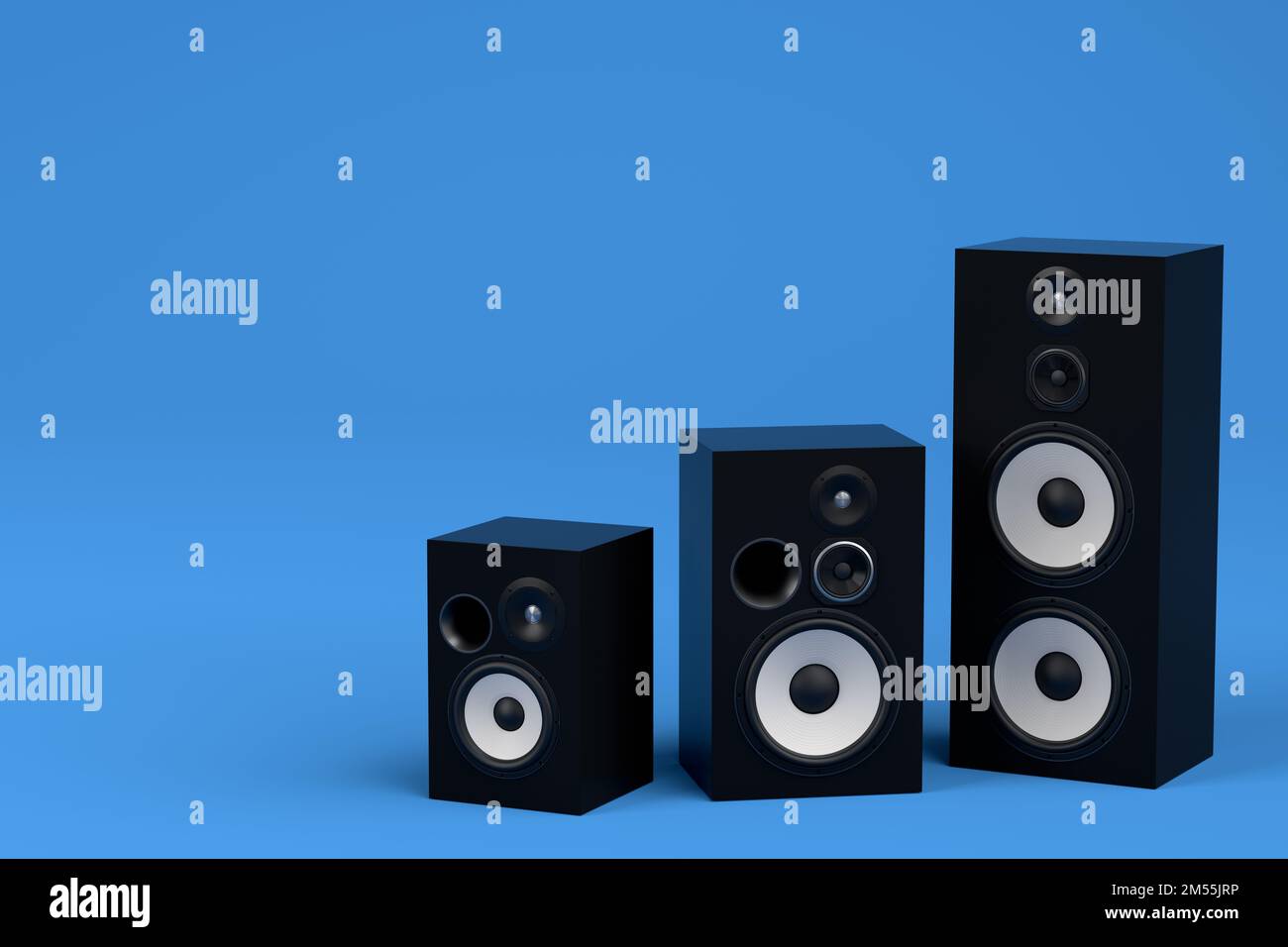 Set of Hi-fi speakers with loudspeakers isolated on blue background. 3d ...