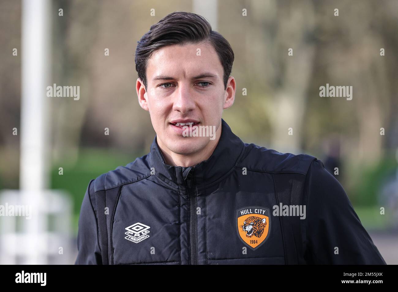 Alfie Jones #5 of Hull City arrives at the MKM Stadium during the Sky ...