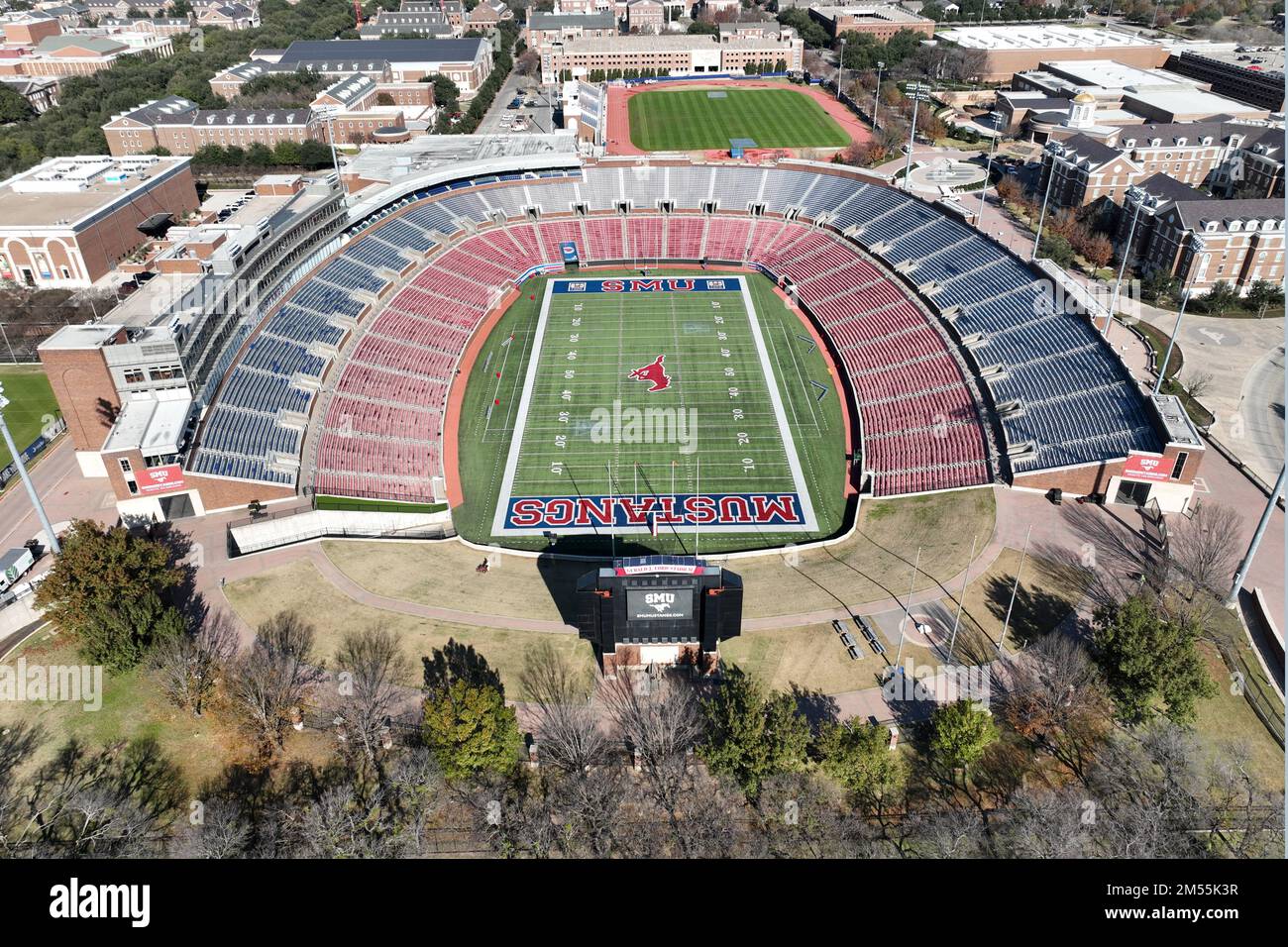 A general overall aerial view of Gerald J. Ford Stadium (foreground ...