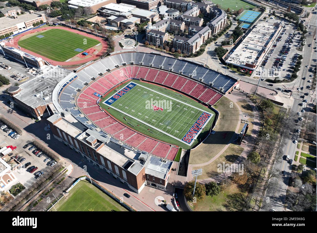 A general overall aerial view of Gerald J. Ford Stadium (right) and the ...
