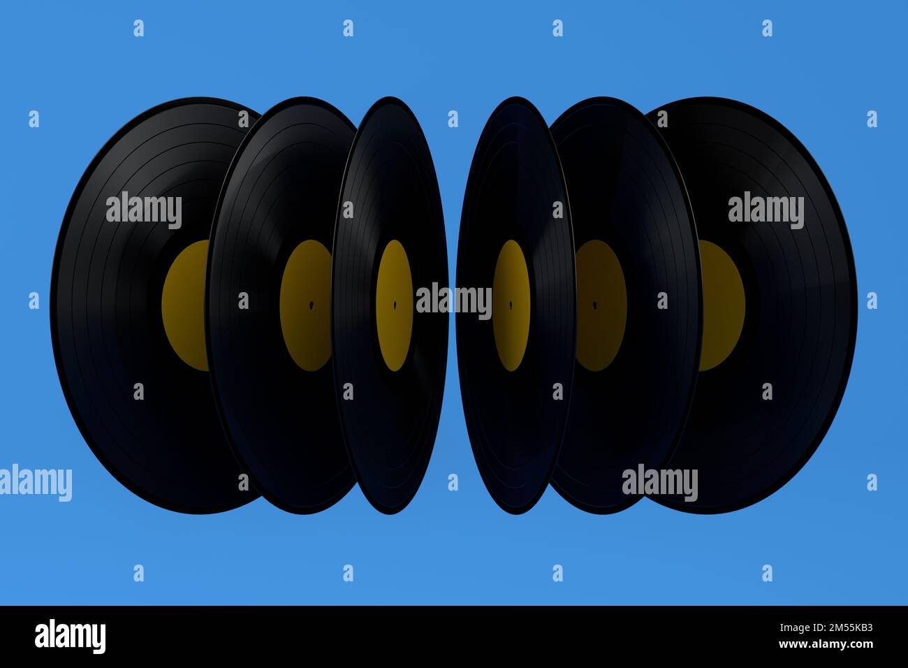 Set of vinyl LP records with label isolated on blue background. 3d ...