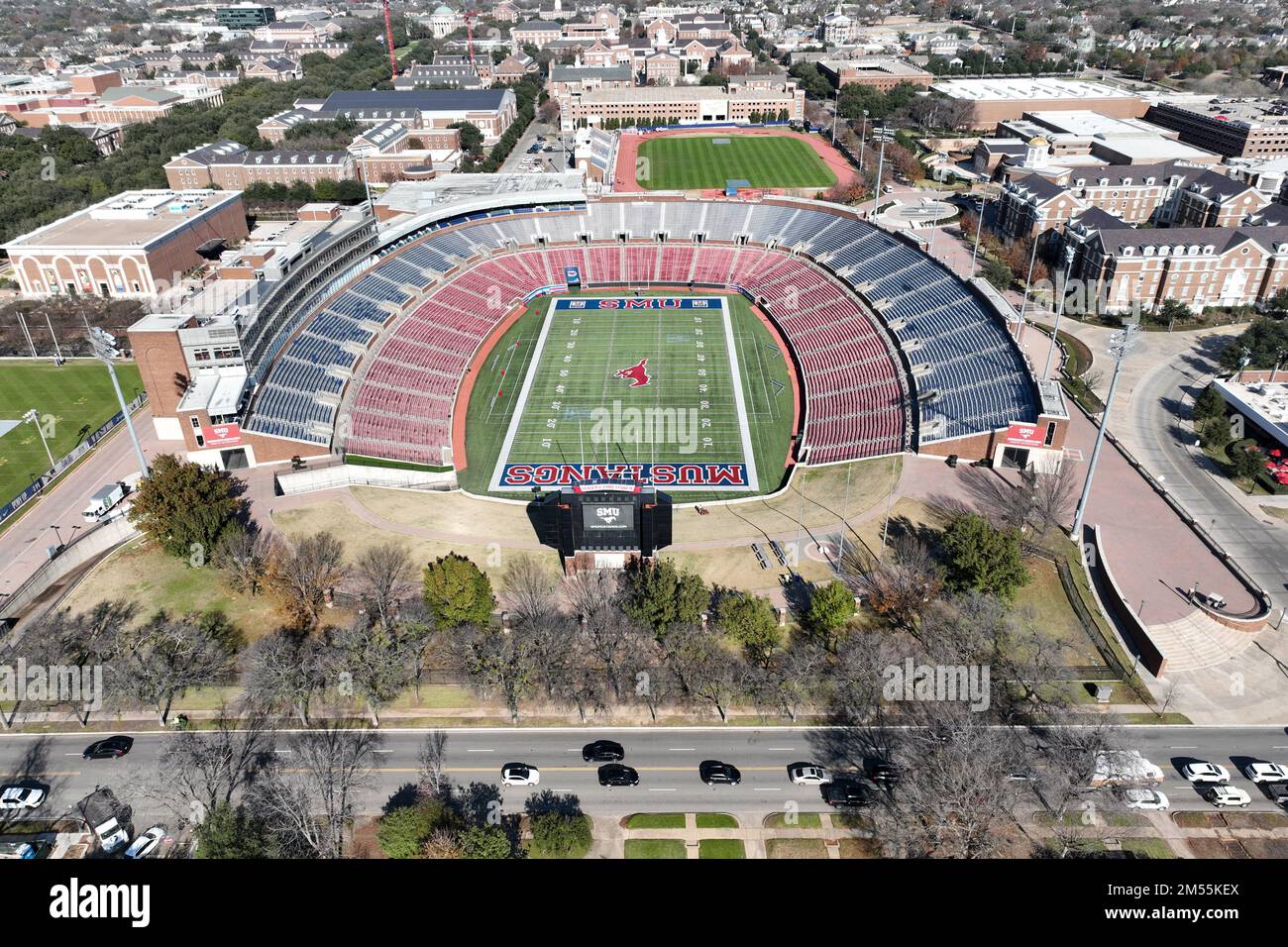 A general overall aerial view of Gerald J. Ford Stadium (foreground ...