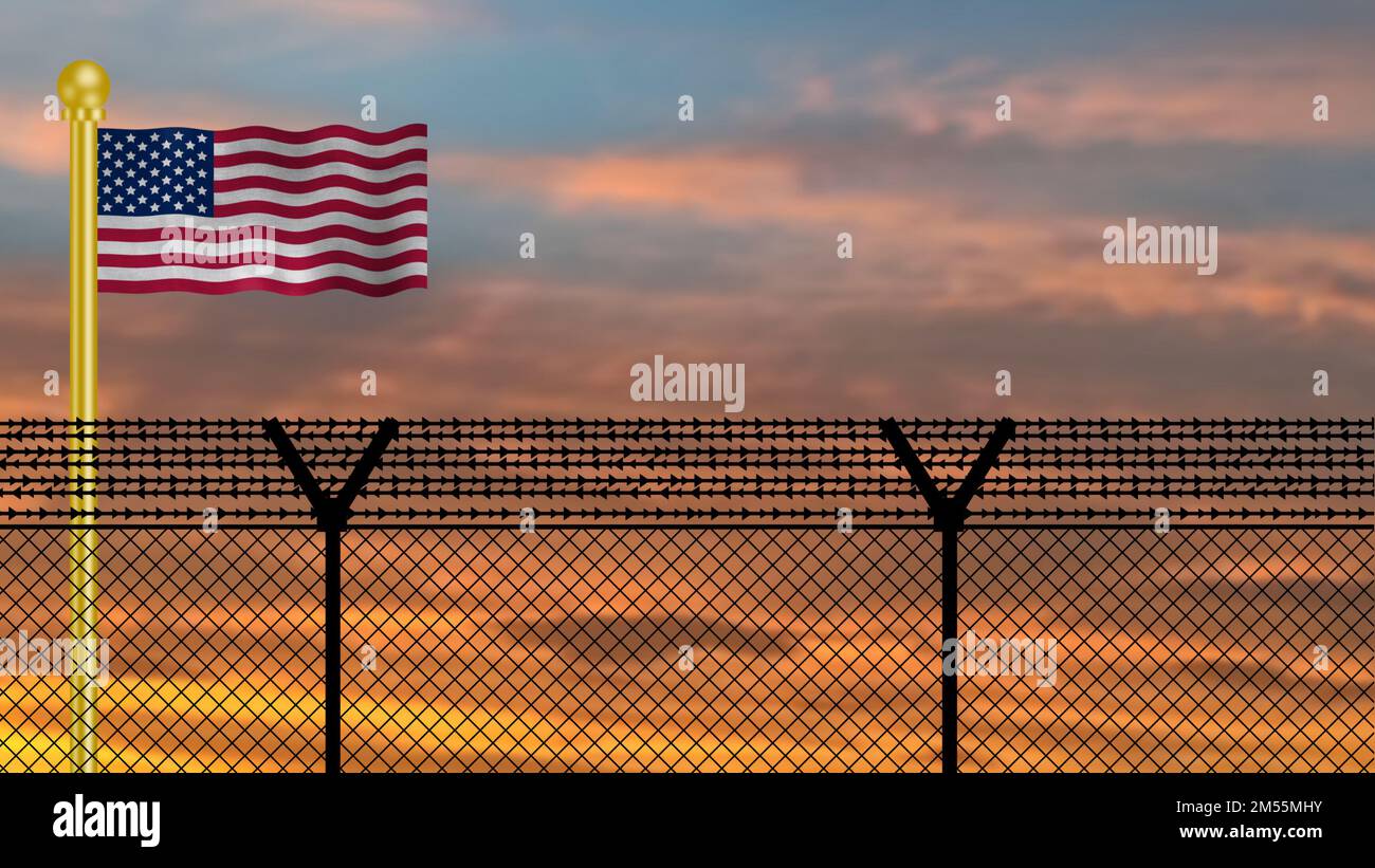 American flag waving on defence border at sunset time illustration ...