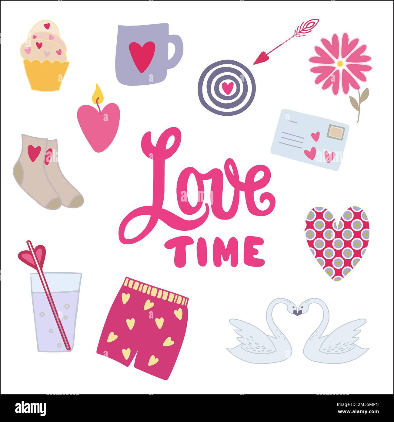 Hand drawn lettering Love Time with Valentines day symbols Stock Vector ...
