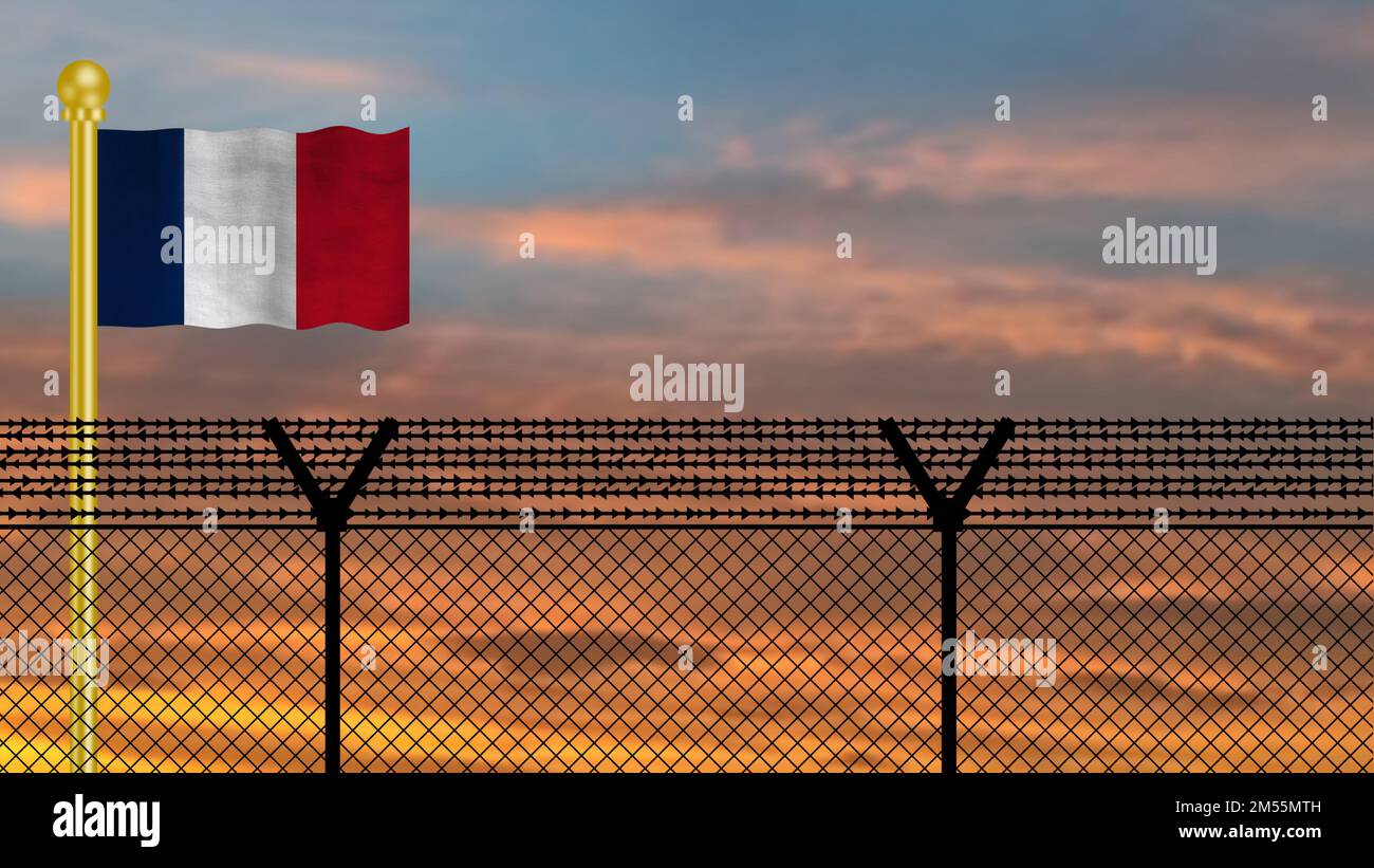 French flag waving on defence border at sunset time illustration image ...