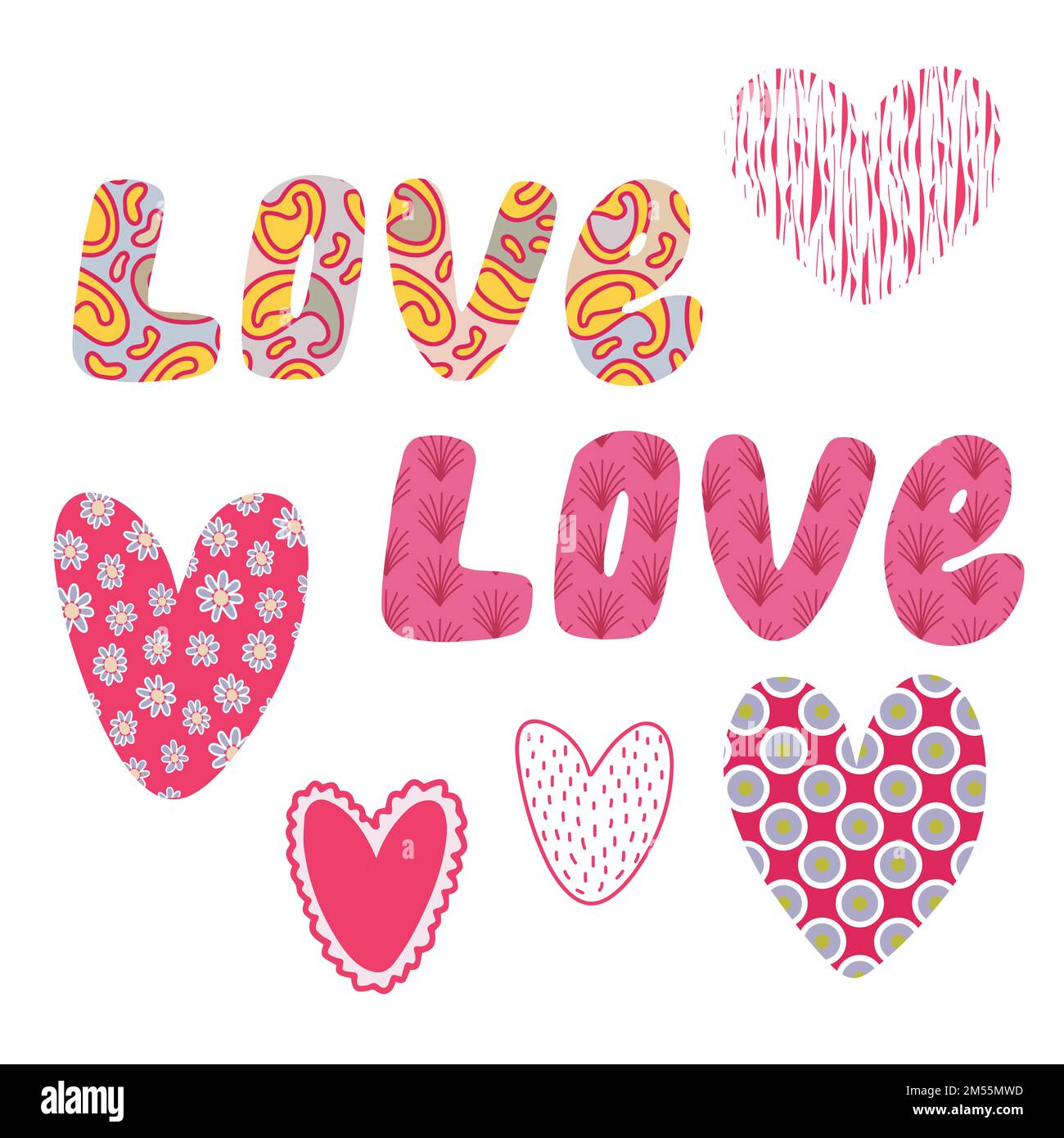 Hand drawn lettering LOVE with different heart shapes Stock Vector ...