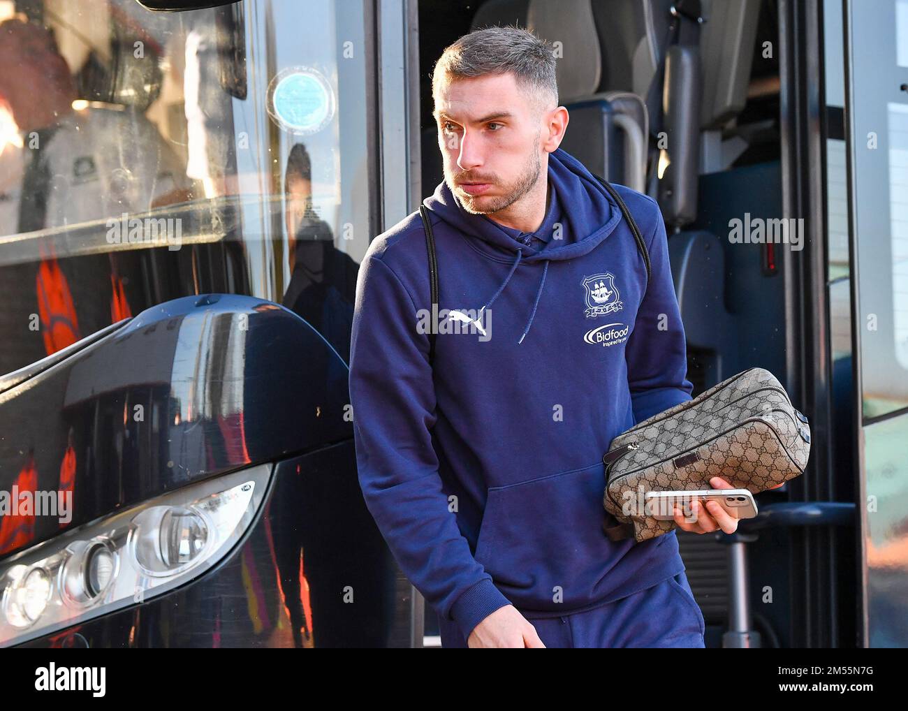 Plymouth Argyle midfielder Danny Mayor (10) arrives during the Sky Bet ...
