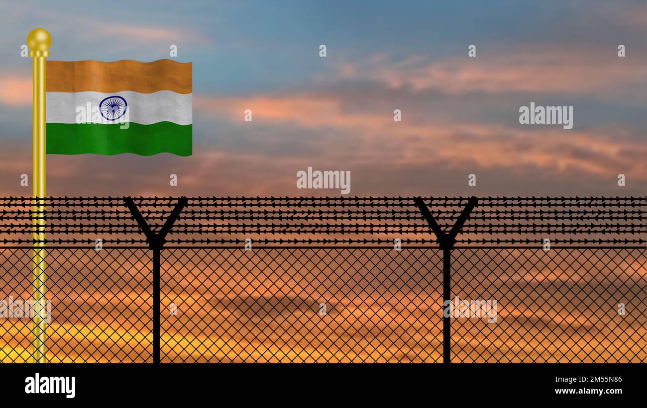 Indian flag waving on defence border at sunset time illustration image ...