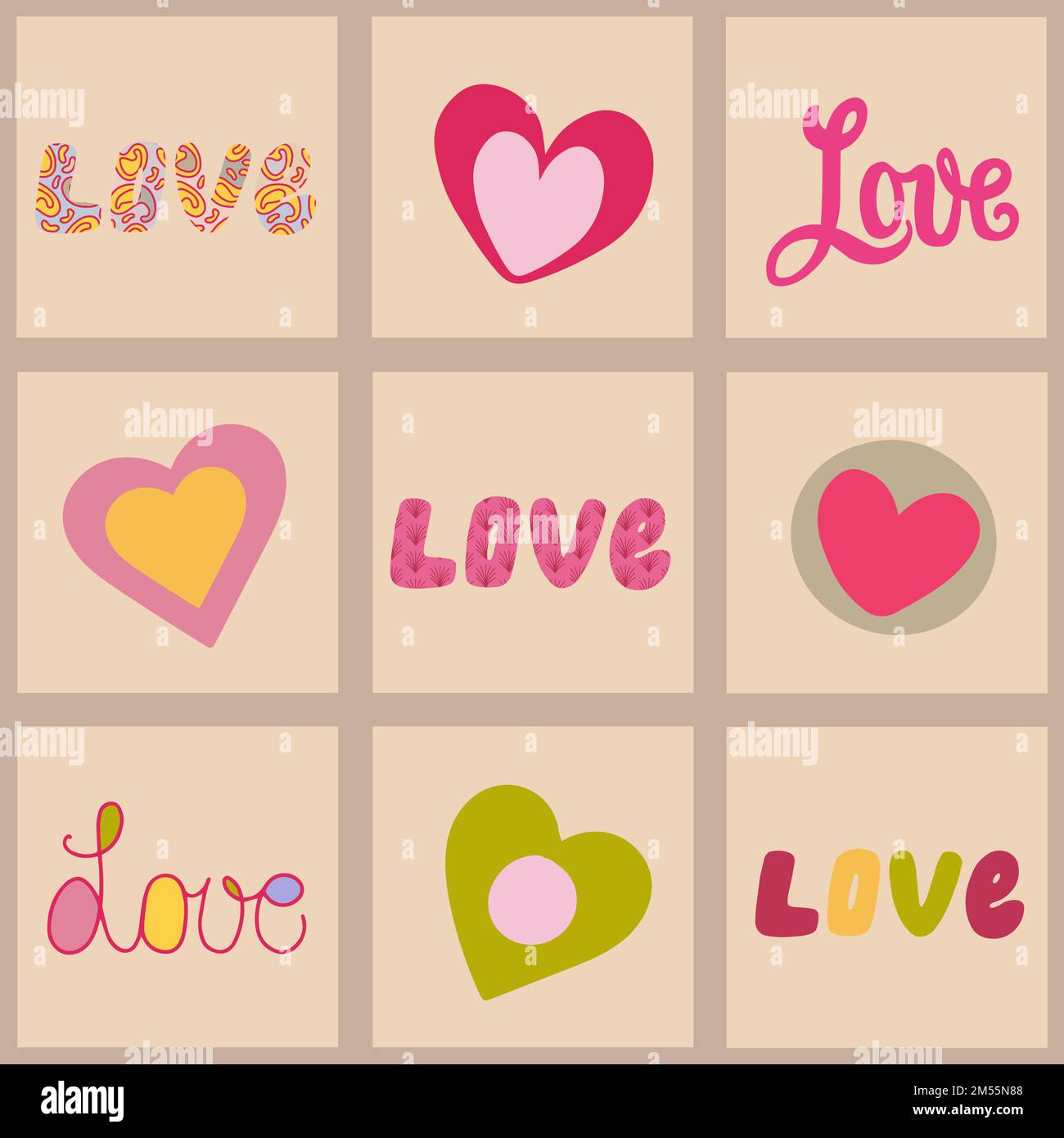Collection of square cards with hand drawn different shape heart ...