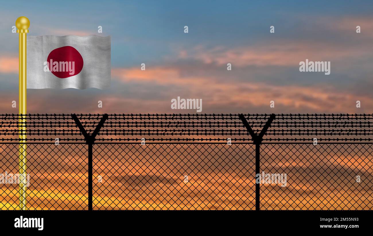 Japan flag waving on defence border at sunset time illustration image ...