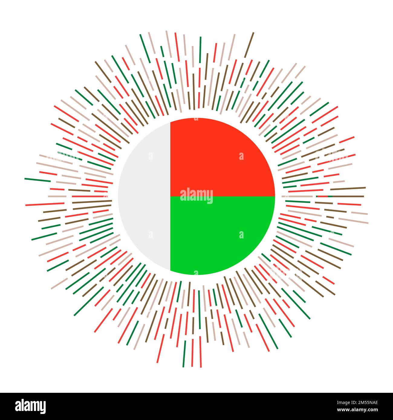 Madagascar sign. Country flag with colorful rays. Radiant sunburst with ...