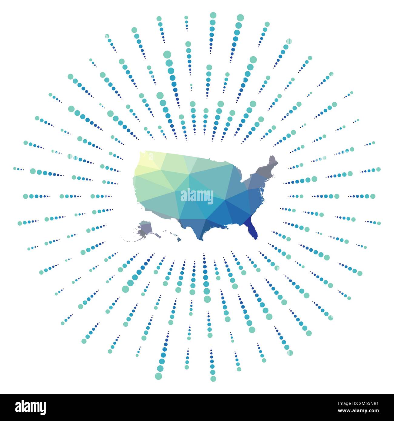 Shape of USA, polygonal sunburst. Map of the country with colorful star ...