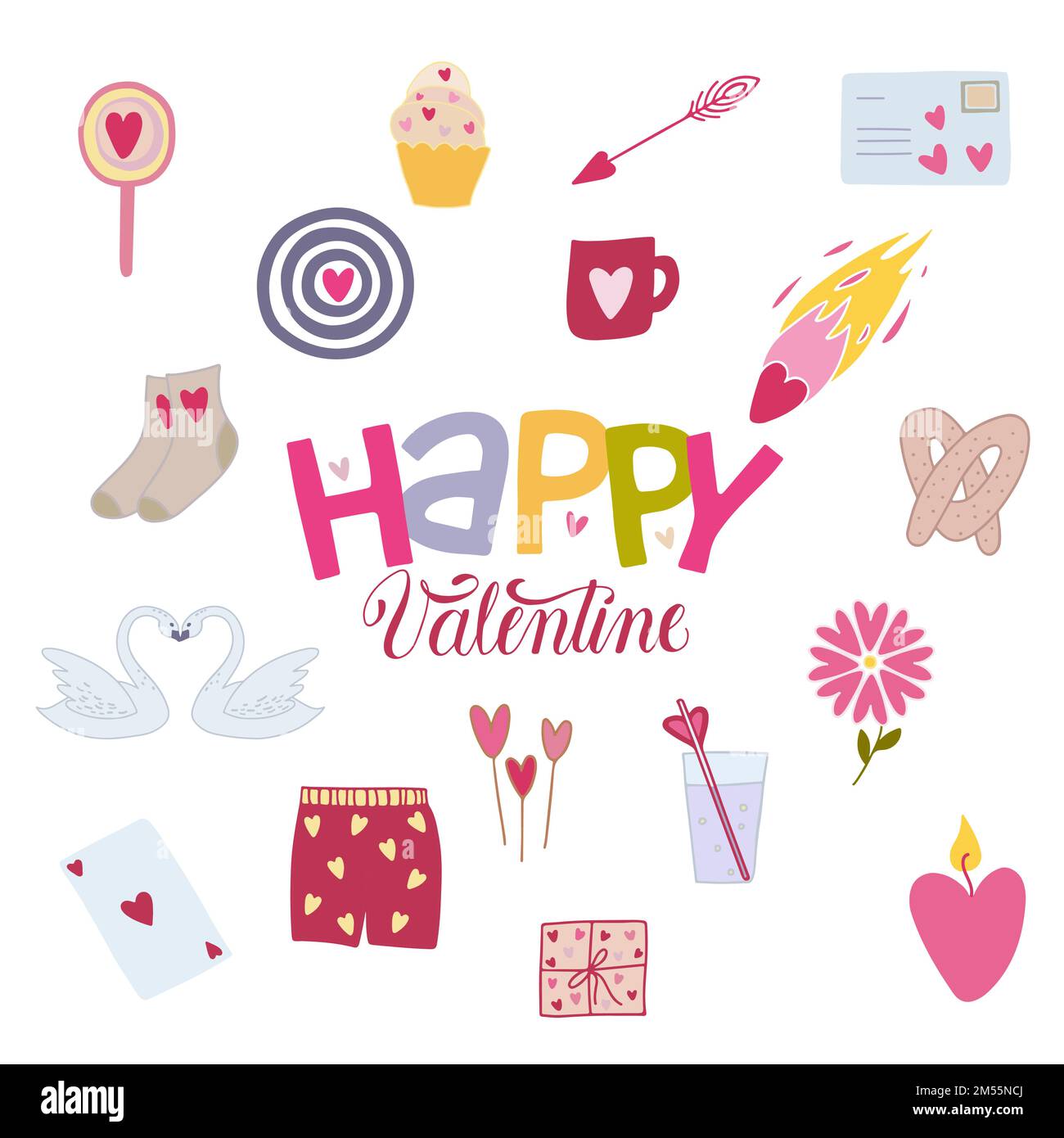 Set of Valentines day symbols and hand lettering Happy Valentine Stock ...