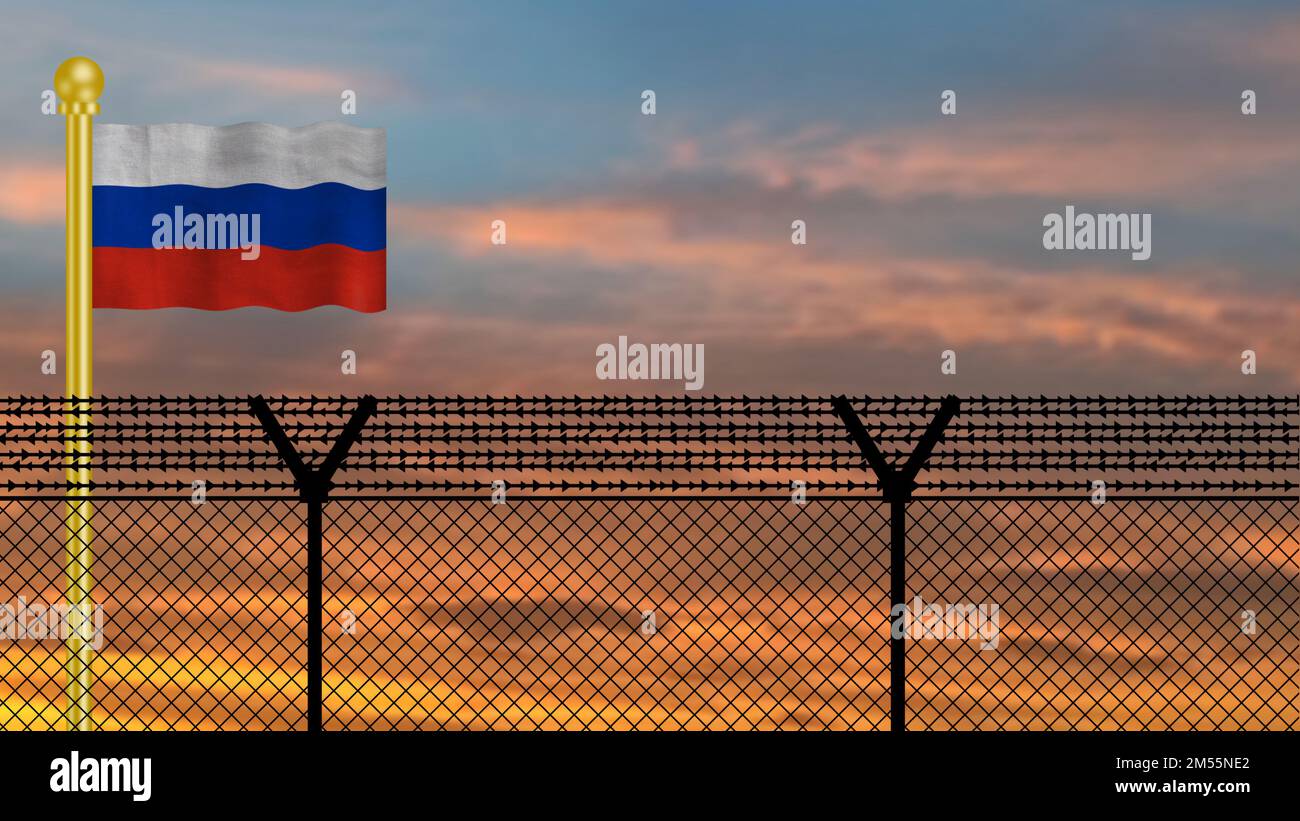 Russian flag waving on defence border at sunset time illustration image ...