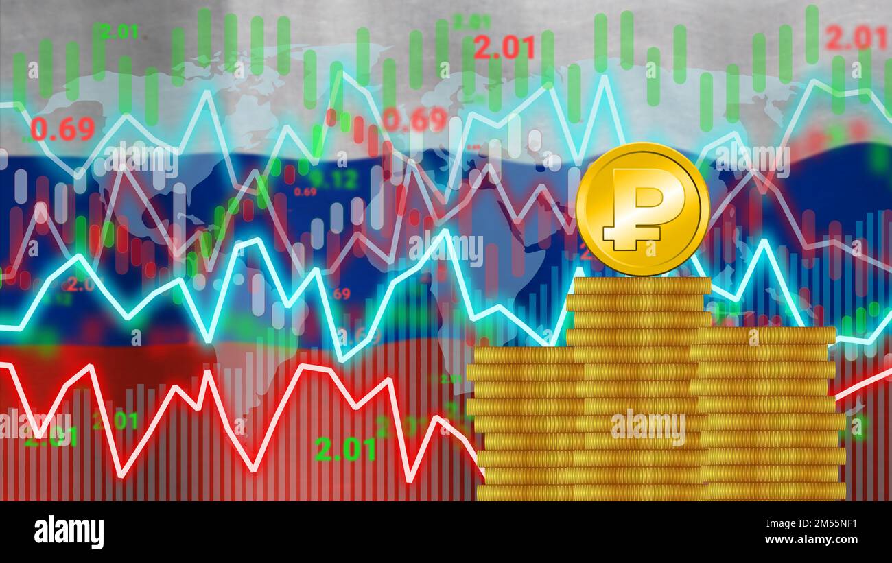 changing ruble value, rate, demand in market and inflation concept with ...