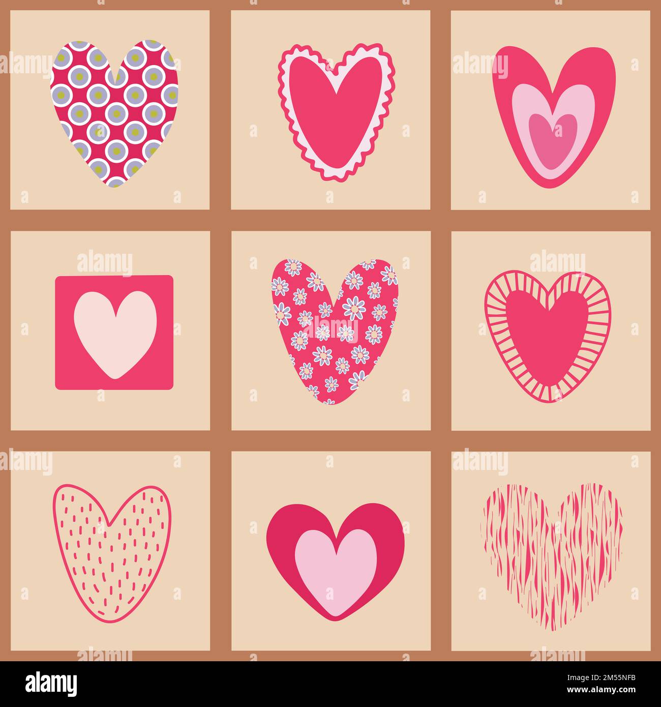 Collection of square cards with hand drawn different shape heart ...