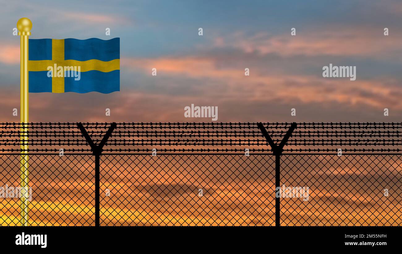 Sweden flag waving on defence border at sunset time illustration image ...