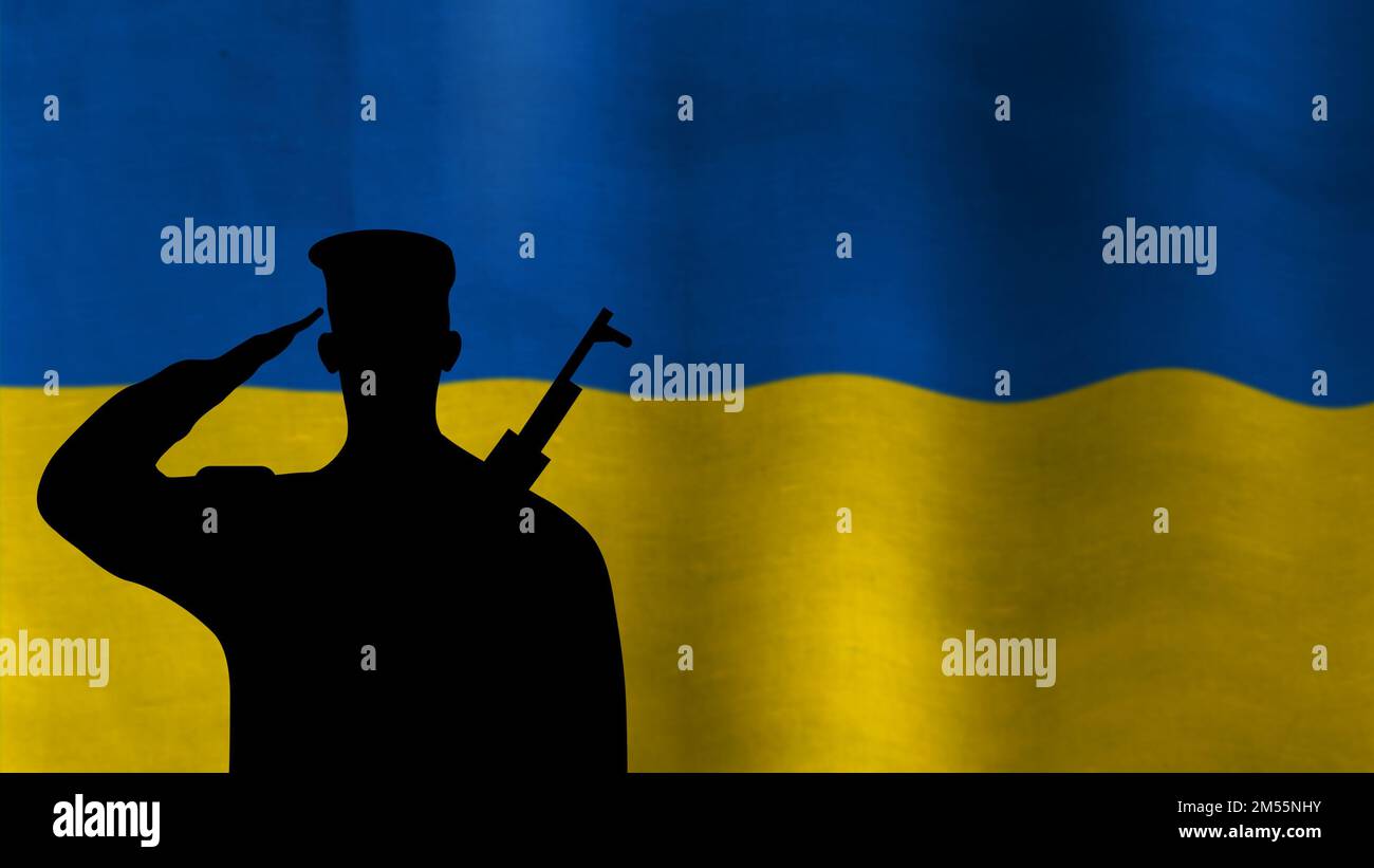 soldier salute national flag of Ukraine illustration. blur flag ...
