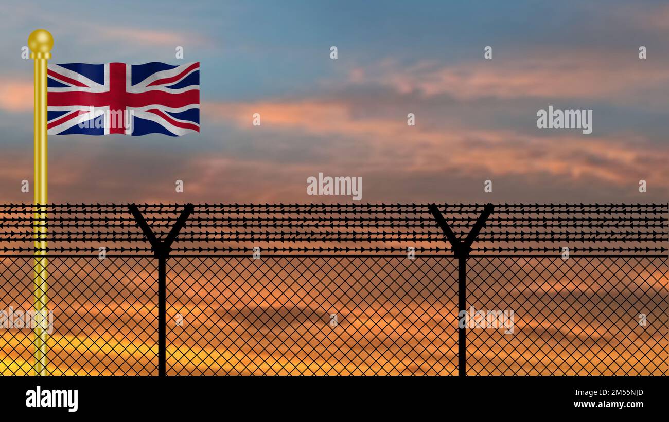 United Kingdom flag waving on defence border at sunset time ...