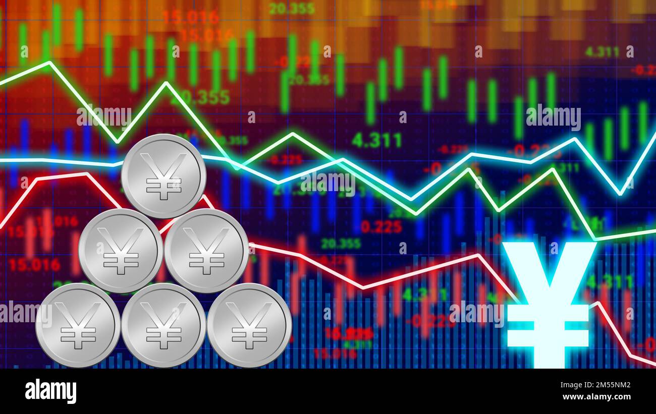 yen value, rate, stock, information and changing diagram animation with silver coin and blur ...