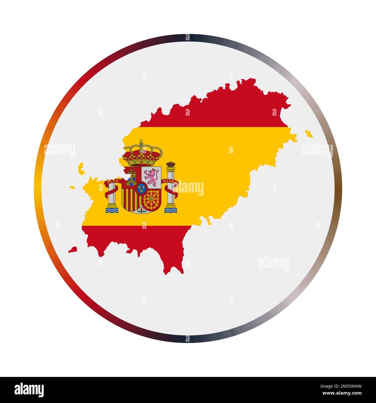 Ibiza icon. Shape of the island with Ibiza flag. Round sign with flag ...