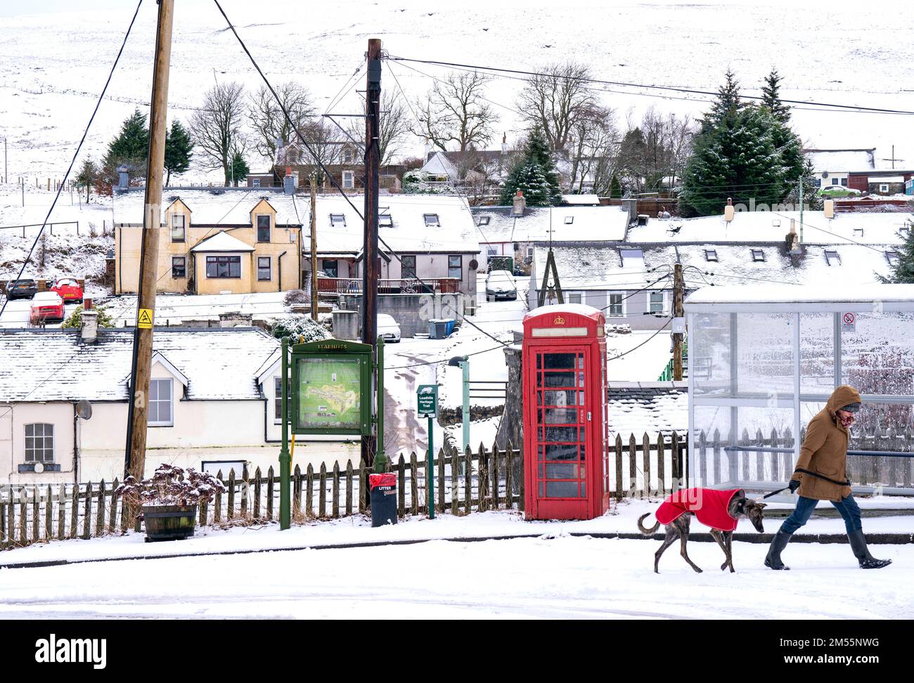 Snow in Leadhills village in South Lanarkshire. A yellow be aware ...