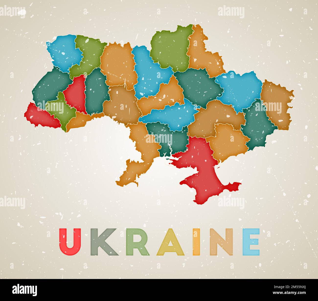 Ukraine map. Country poster with colored regions. Old grunge texture ...