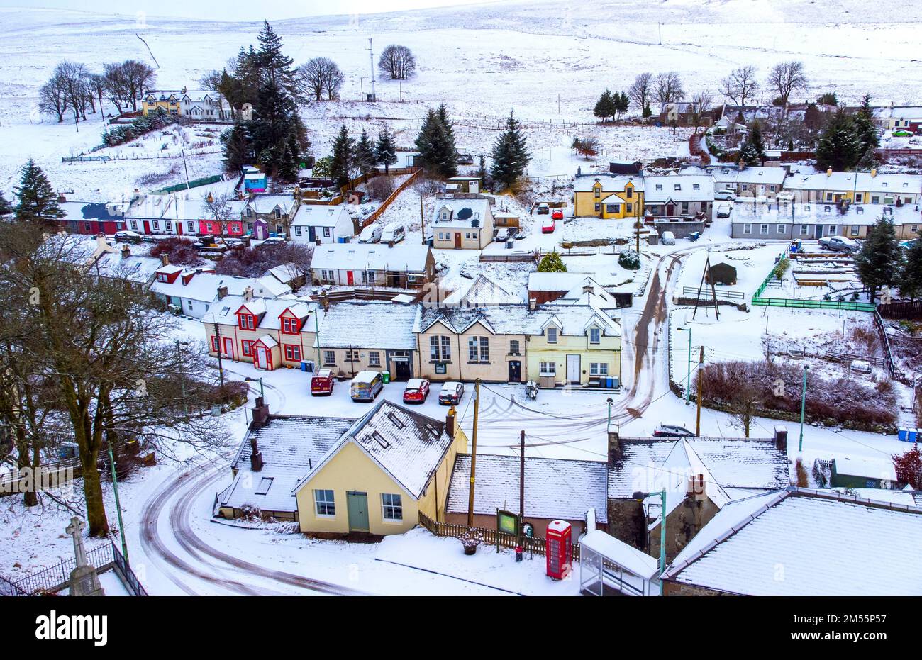 Snow in Leadhills village in South Lanarkshire. A yellow be aware ...