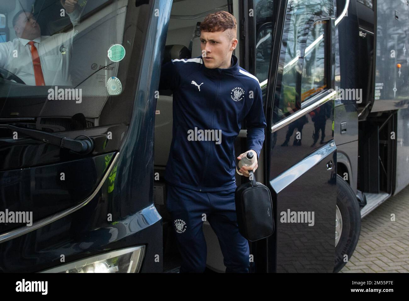 Sonny Carey #16 of Blackpool arrives ahead of the Sky Bet Championship ...
