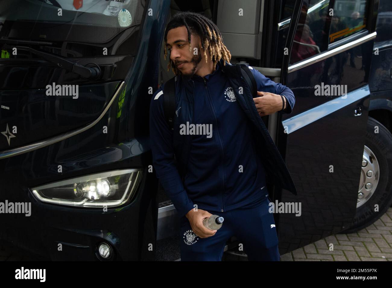 Dominic Thompson #23 of Blackpool arrives ahead of the Sky Bet ...