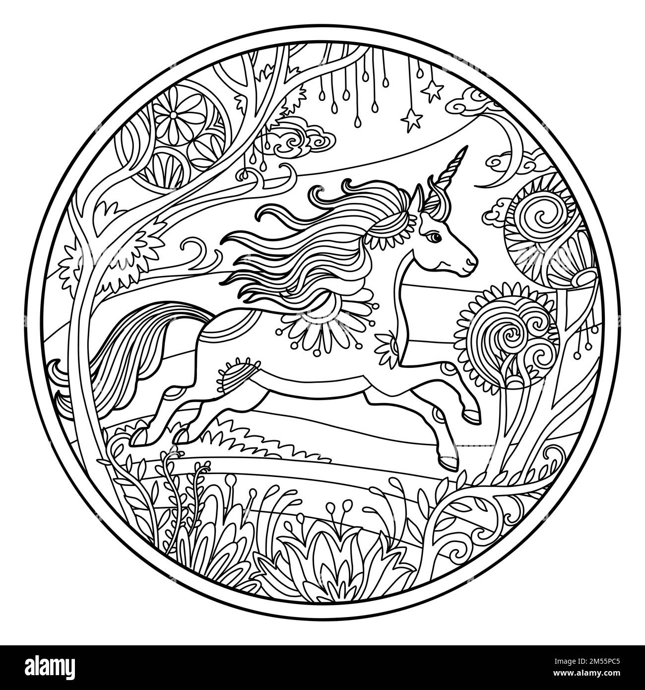 Running unicorn in flower frame round shape. Hand drawing magic horse ...