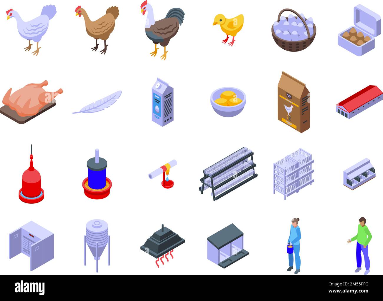 Chicken poultry farm icons set isometric vector. Feed production. Egg ...