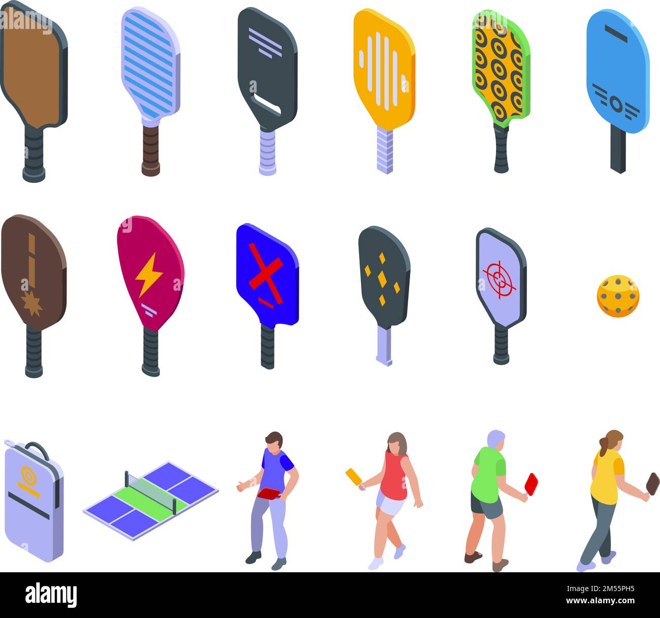 Pickleball icons set isometric vector. Game man. Sport ball Stock ...