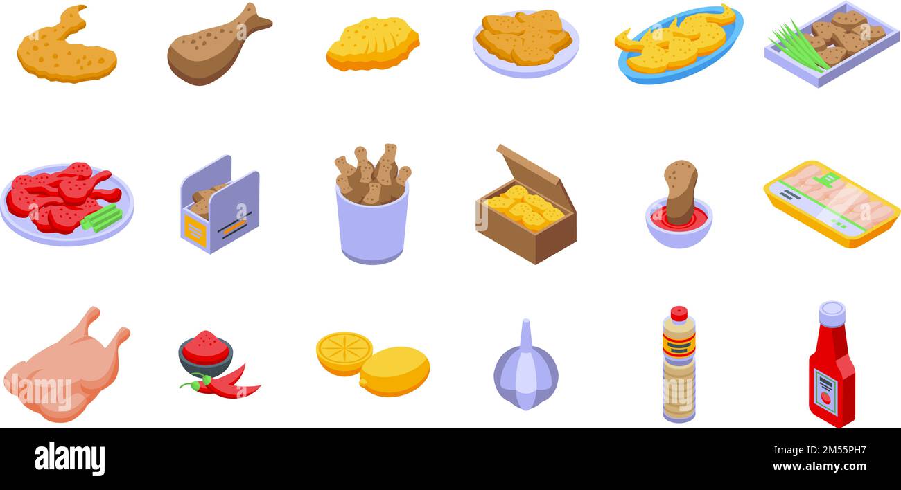 Fried chicken wings icons set isometric vector. Roast spicy. Meat dish ...
