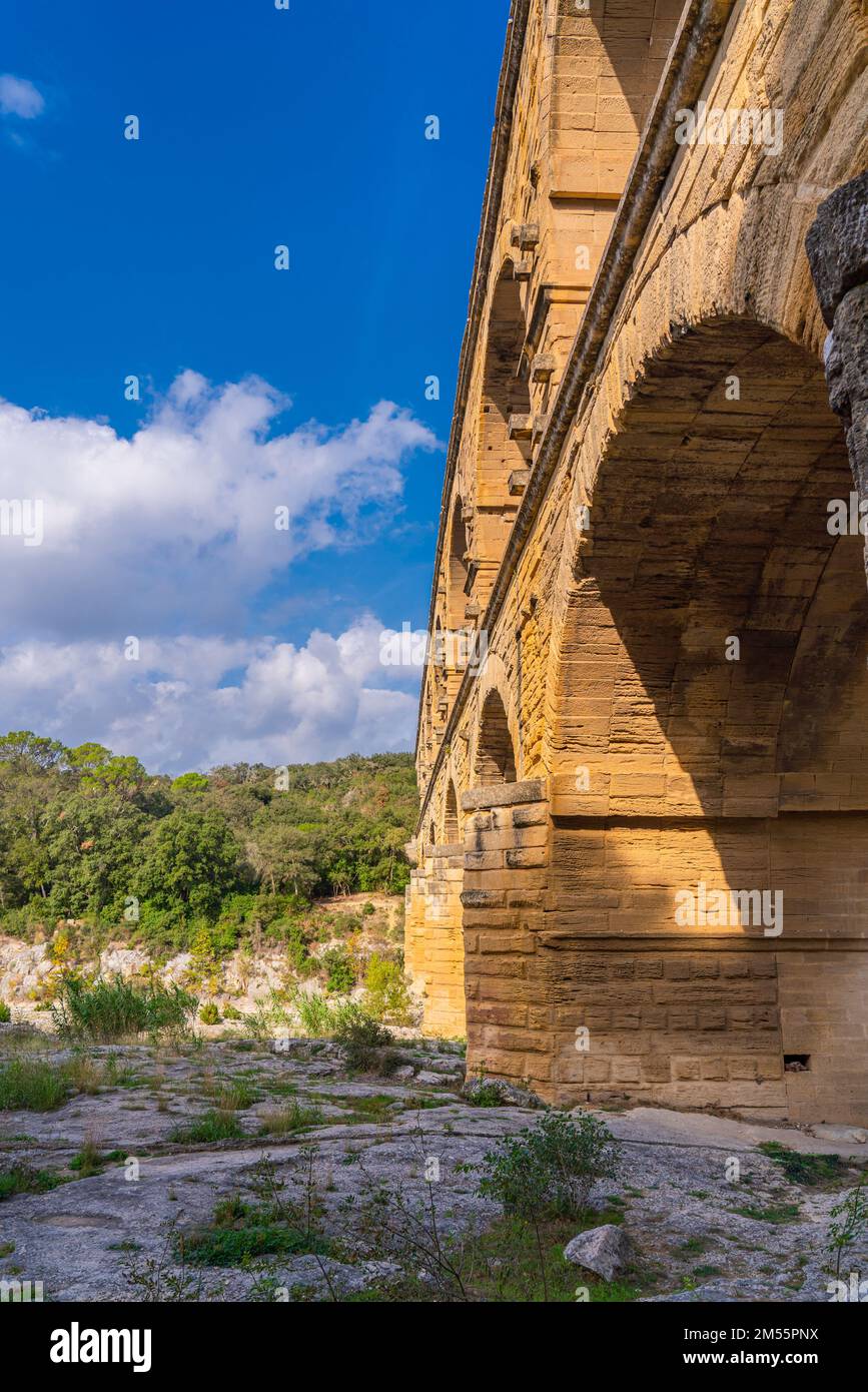 Base from shelly limestone of Pont du Gard three-tiered aqueduct on the ...