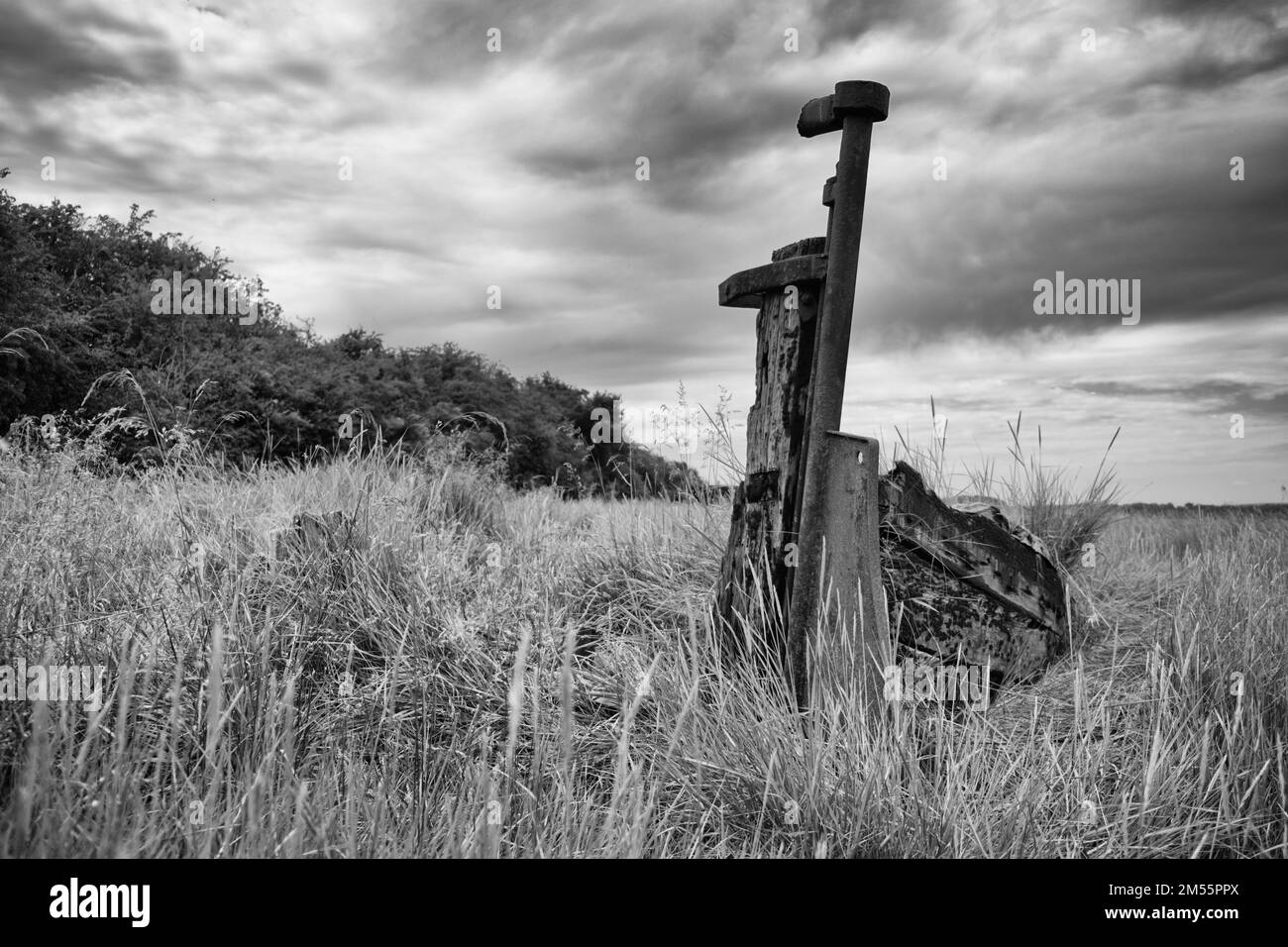 Old boat in landscape Black and White Stock Photos & Images - Alamy